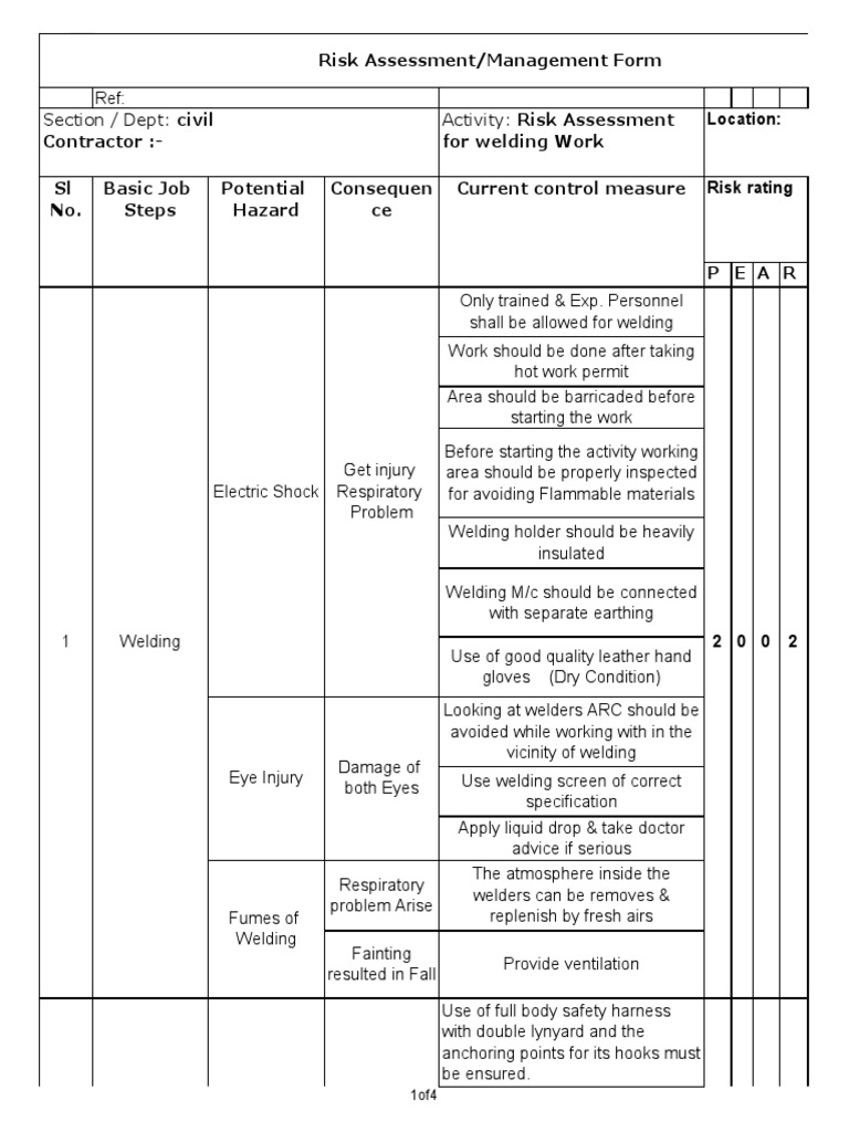 Risk Assessment/Management Form | PDF | Welding | Construction
