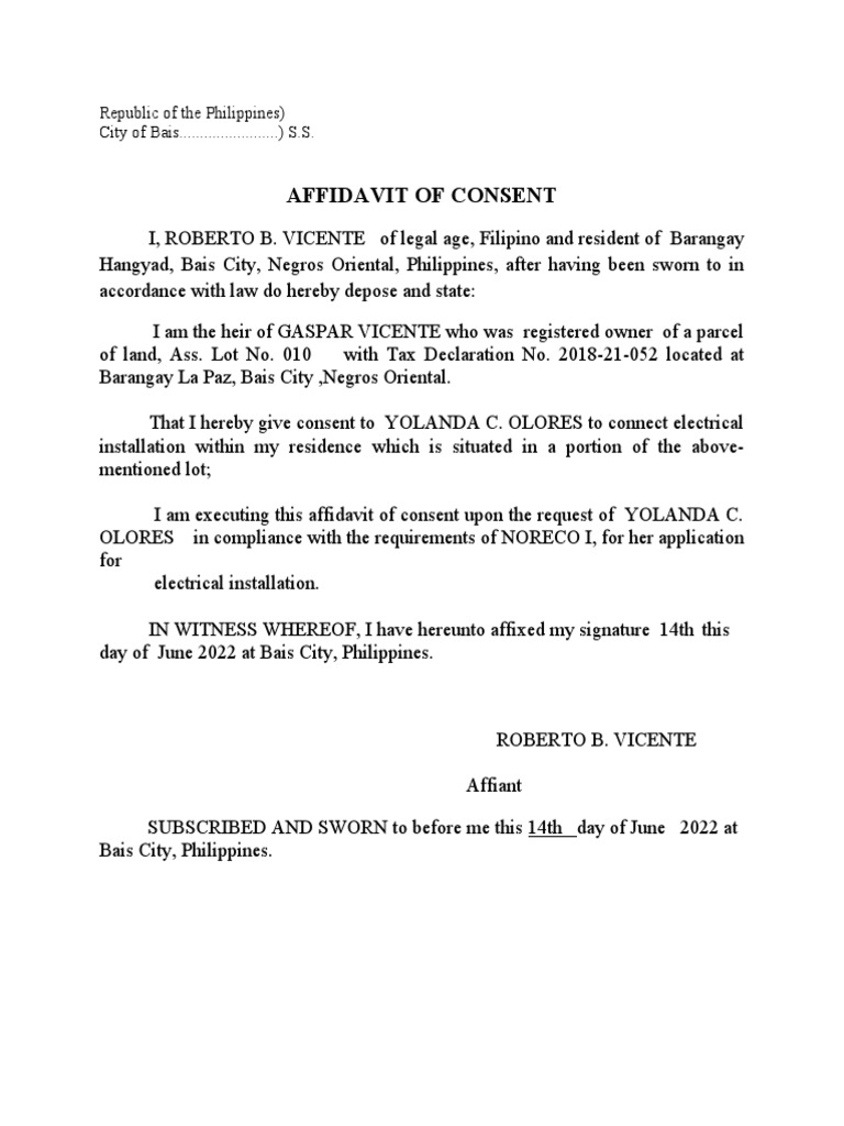 Affidavit of Consent - NORECO | PDF