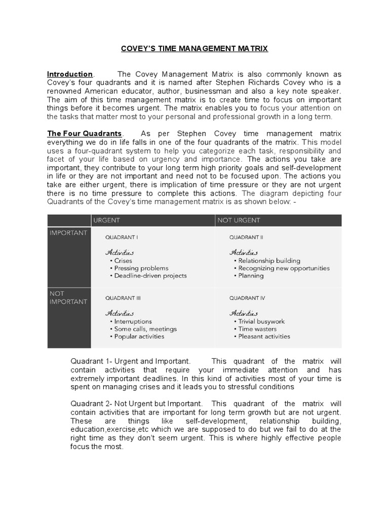 Covey's Time Management Matrix | PDF | Cognition