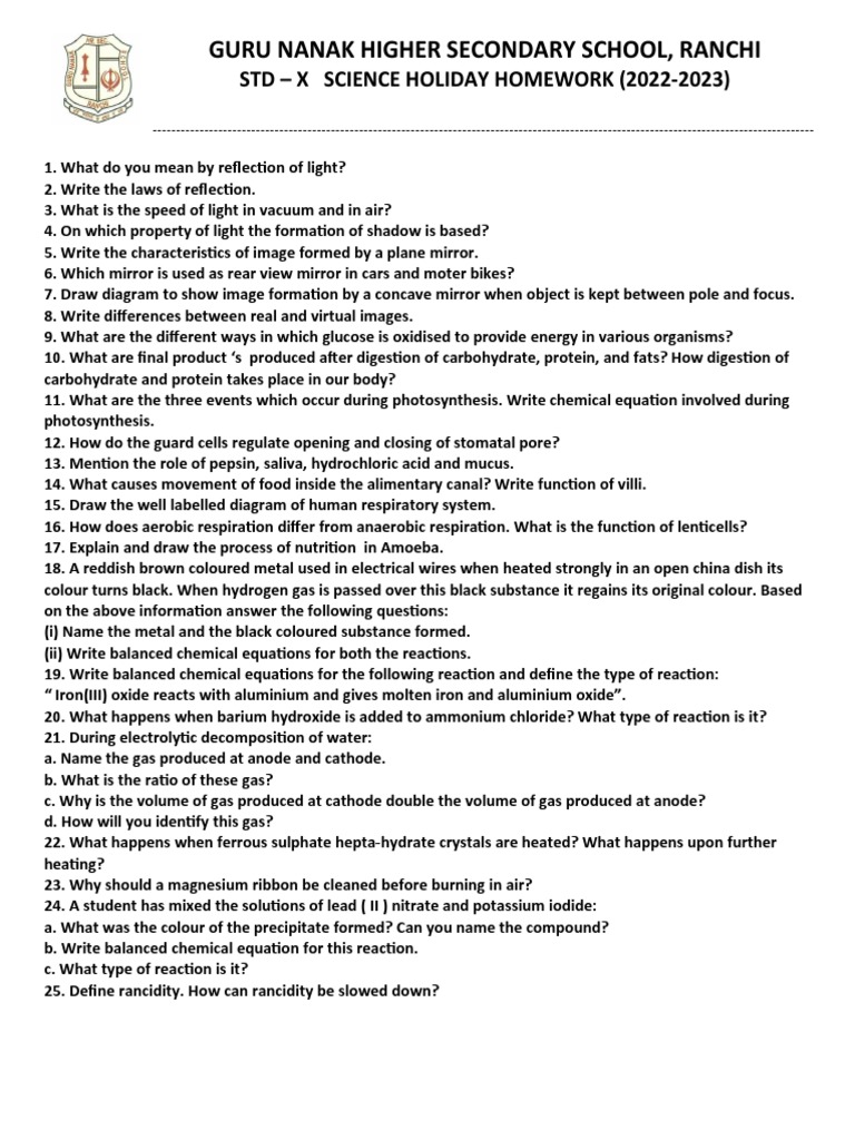 STD - X Science Holiday Homework (2022-2023) | PDF | Chemical Reactions ...