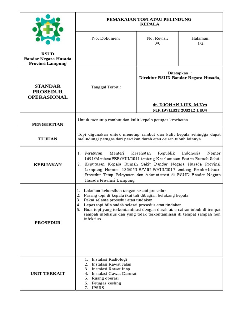 SOP Pemakaian Topi Atau Pelindung Kepala | PDF