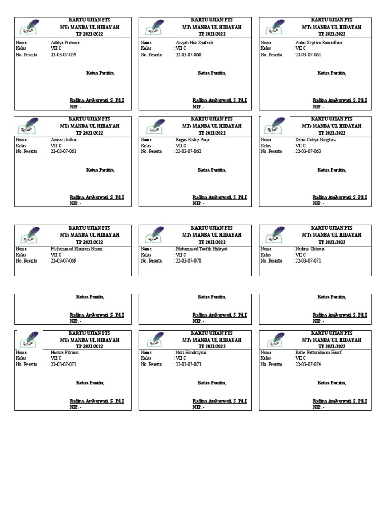 Kartu Ujian PTA Kelas 7C | PDF