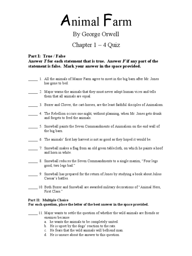 Animal Farm Chapter 1-4 Quiz | PDF