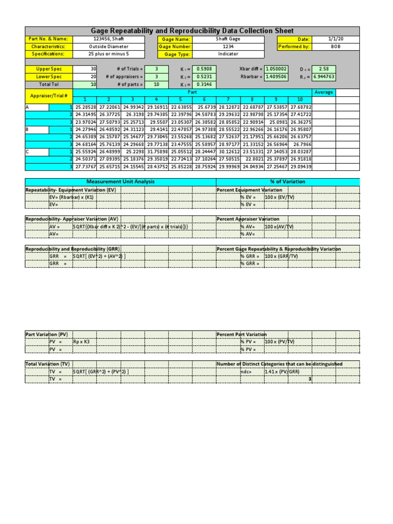 Gage Repeatability and Reproducibility Data Collection Sheet | PDF ...