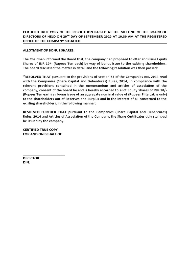 Bonus Shares Allotment Resolution | PDF | Business | Finance & Money ...