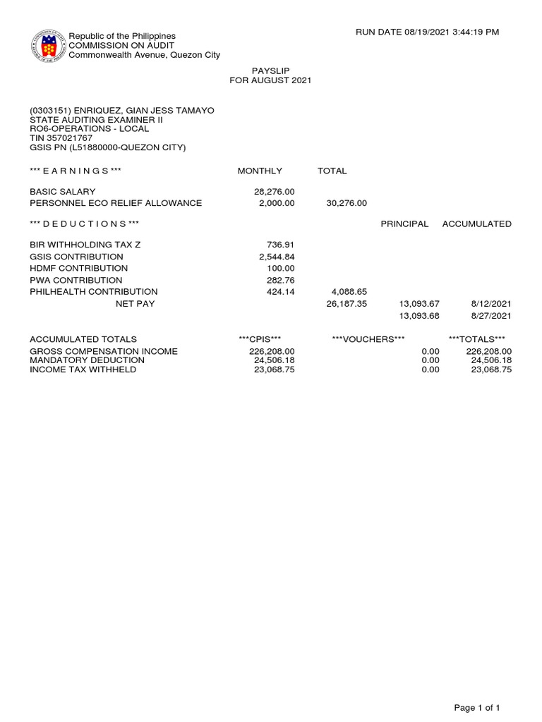 August 2021 Payslip for Gian Enriquez | PDF | Finance & Money Management