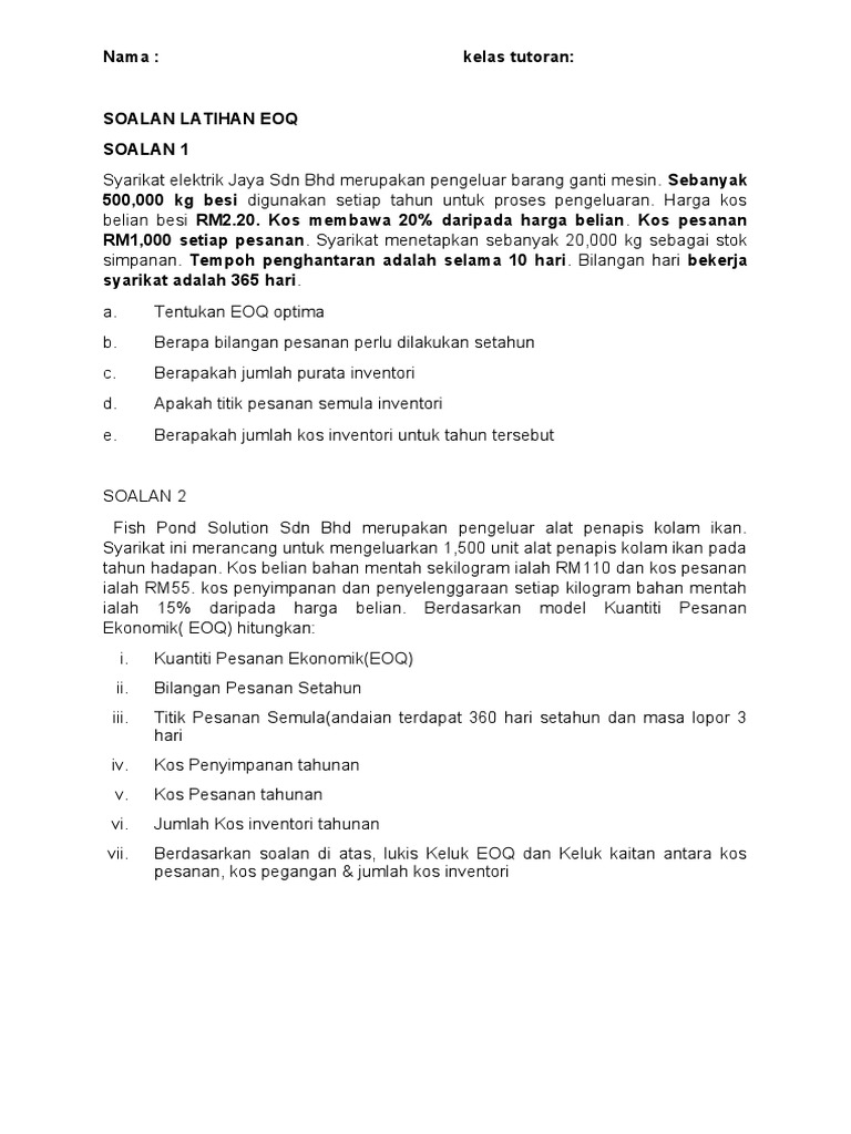Latihan Bab 1 Pengeluran Eoq | PDF