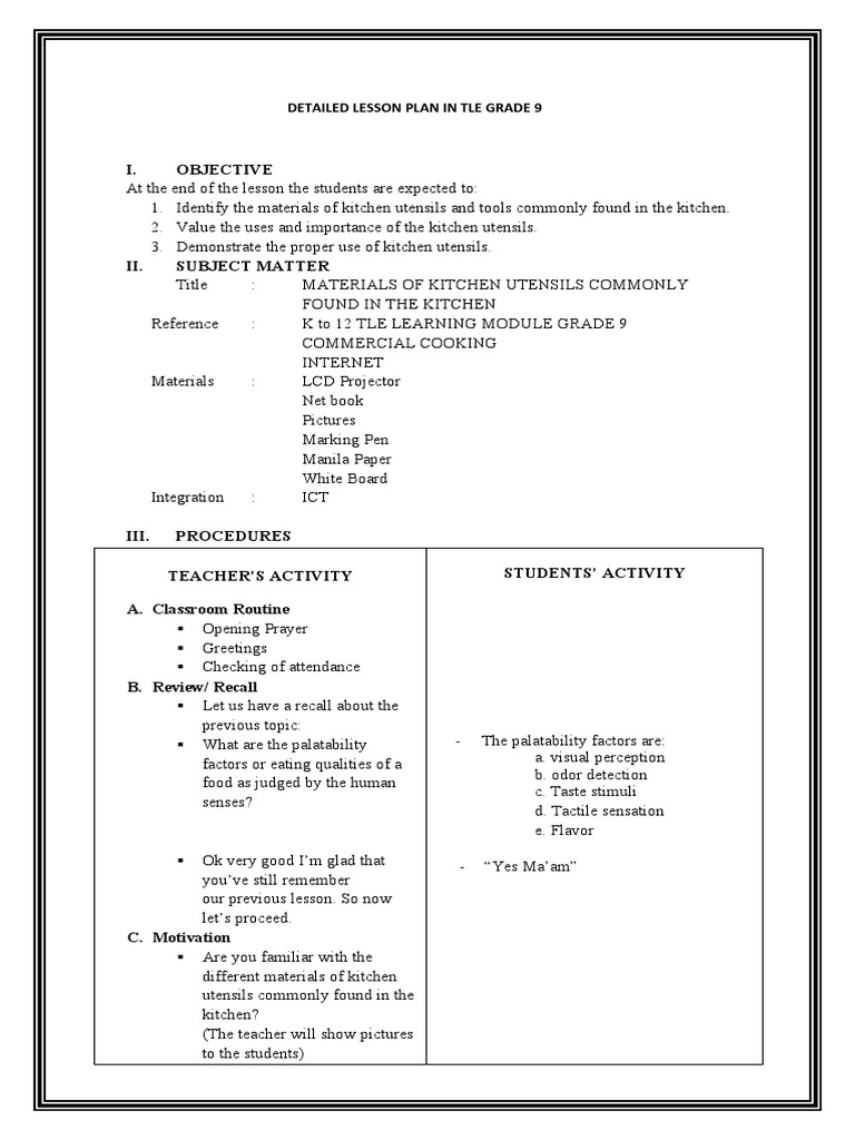 I. Objective: Detailed Lesson Plan in Tle Grade 9 | PDF | Kitchen ...