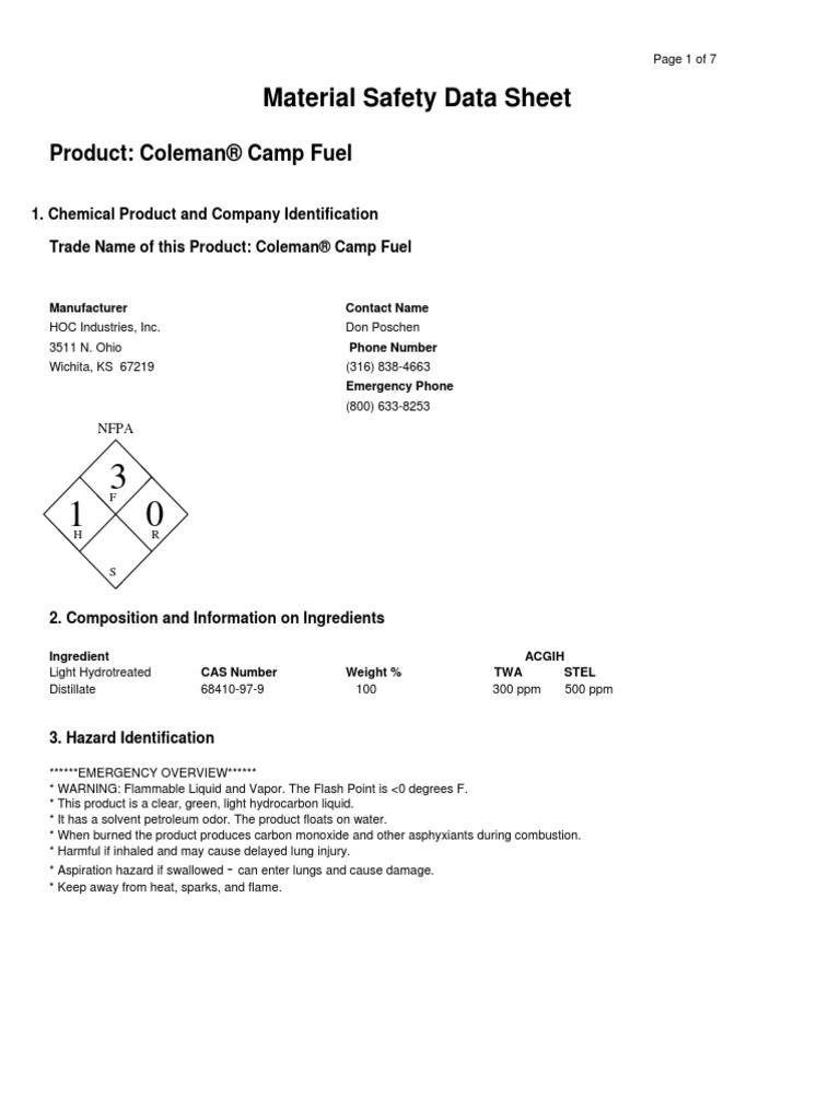 Coleman® Camp Fuel - Material Safety Data Sheet | PDF