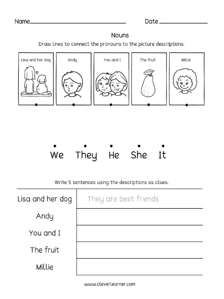 Kindergarten Worksheets On Pronouns Pronouns Homeschool 4g | PDF