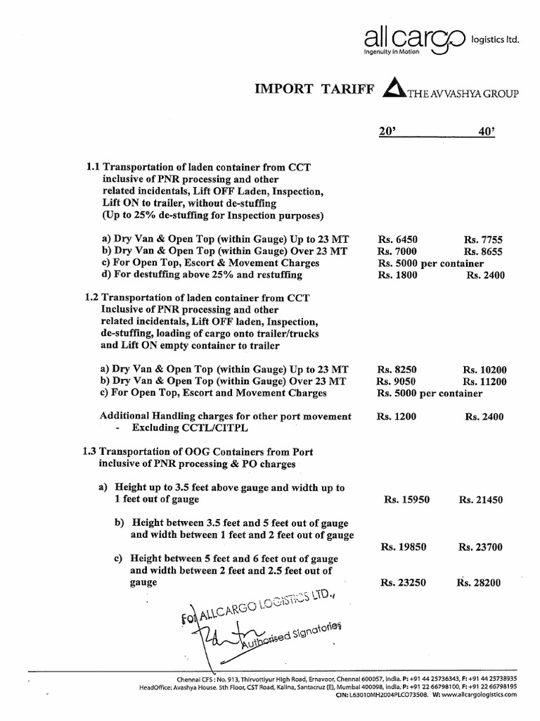 Allcargo Cfs Chennai - Tariff Wef March 2020 | PDF