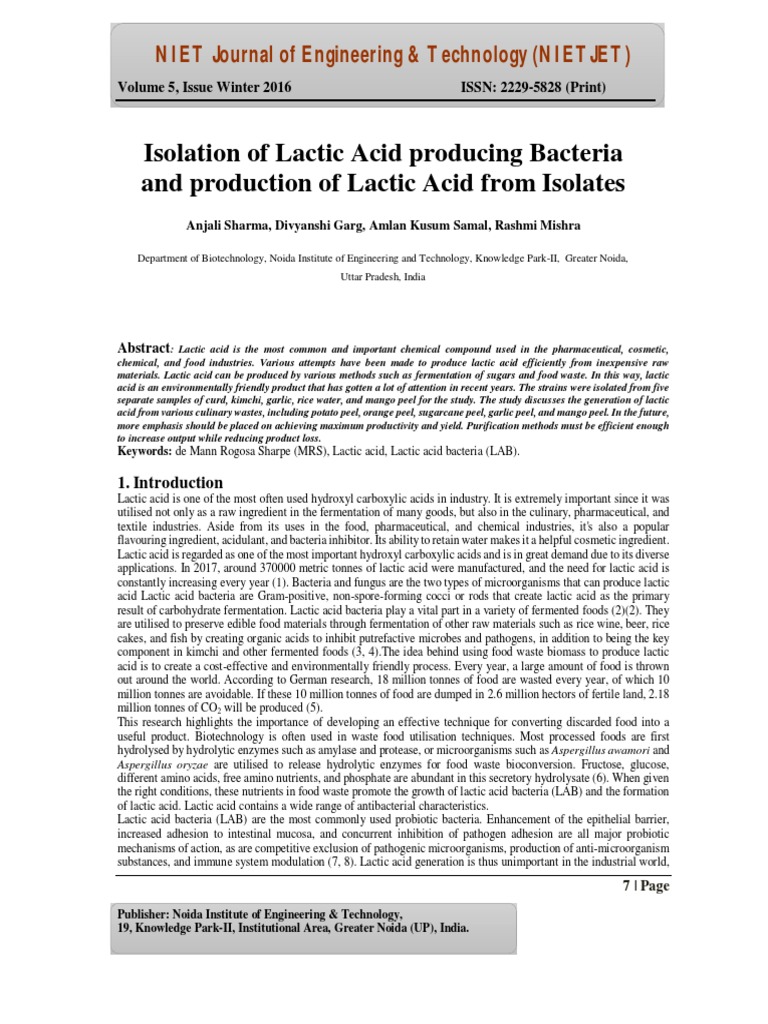 Isolation of Lactic Acid Producing Bacteria and Production of Lactic ...