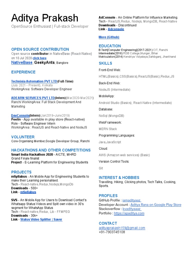Aditya+CV+Nov+2021 | PDF | Mobile App | Google Play
