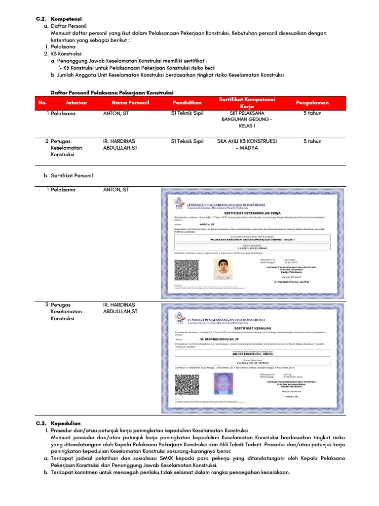 Pengalaman Sertifikat Kompetensi Kerja Pendidikan No. Jabatan Nama Personil | PDF