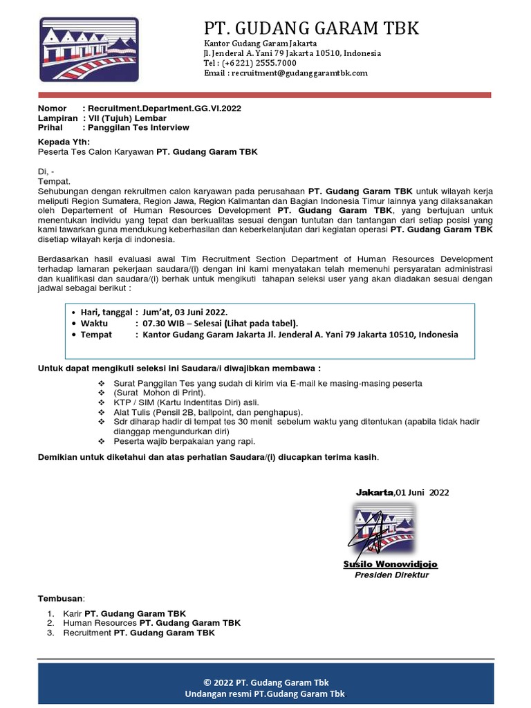 Surat Panggilan Interview PT. Gudang Garam TBK | PDF