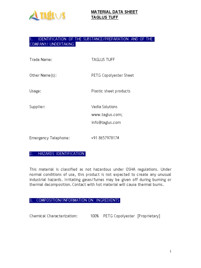 Taglus Petg Safety Datasheet Tuff | PDF | Dangerous Goods | Toxicity