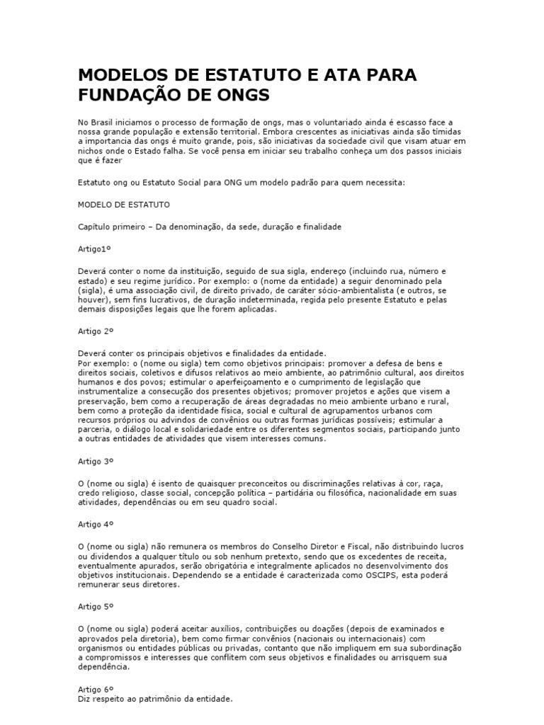MODELOS DE ESTATUTO E ATA PARA FUNDAÇÃO DE ONGS | Conselho de Segurança ...