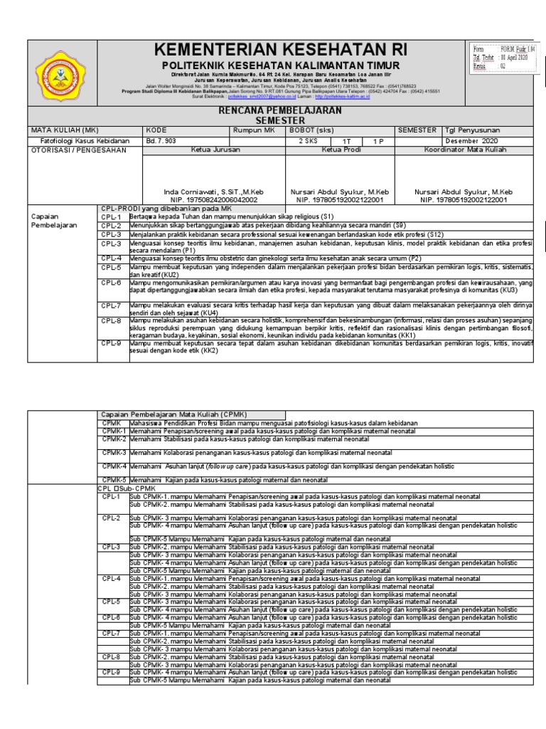 Format RPS Patofiologi Kasus Kebidanan | PDF