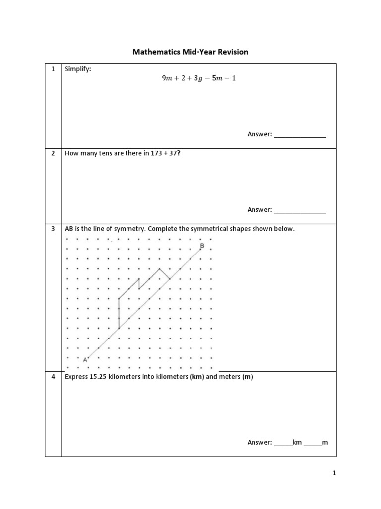 PSR Maths Mid-Year Revision | PDF | Area | Geometry