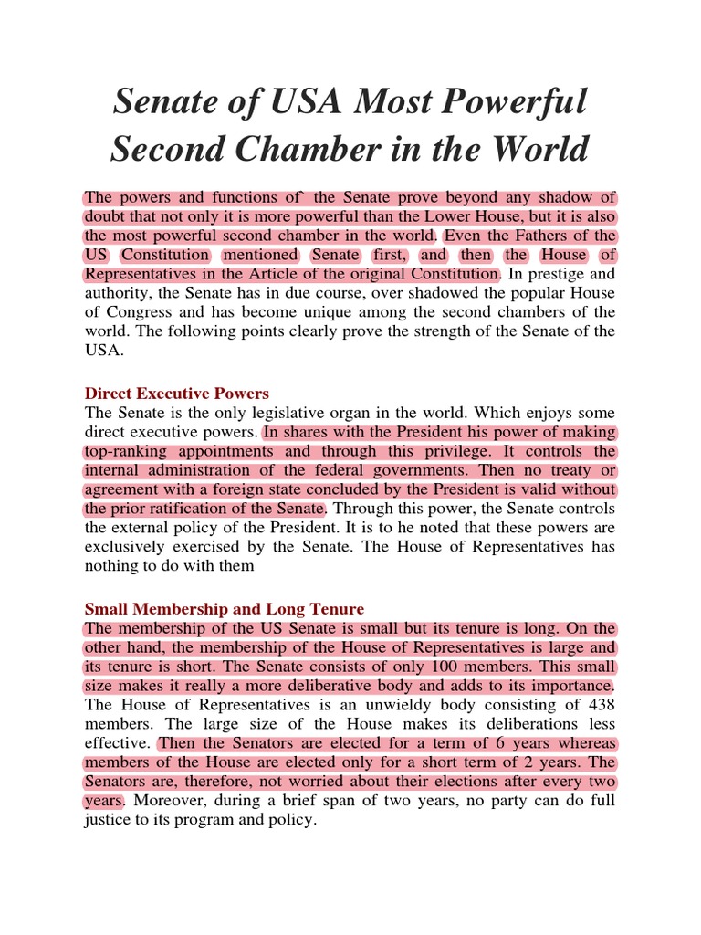 Senate of USA Most Powerful Second Chamber in The World | PDF | United ...