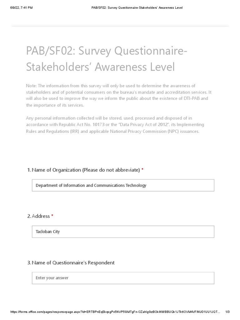 PAB - SF02 - Survey Questionnaire-Stakeholders' Awareness Level | PDF ...