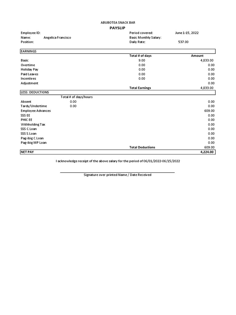 Angelica Francisco - Payslip June 1-15 2022 | PDF | Salary | Economies