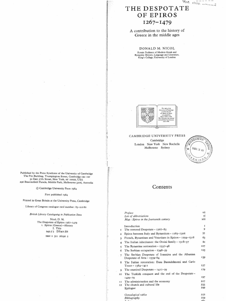 Donald MacGillivray Nicol - The Despotate of Epiros, 1267-1479 | PDF