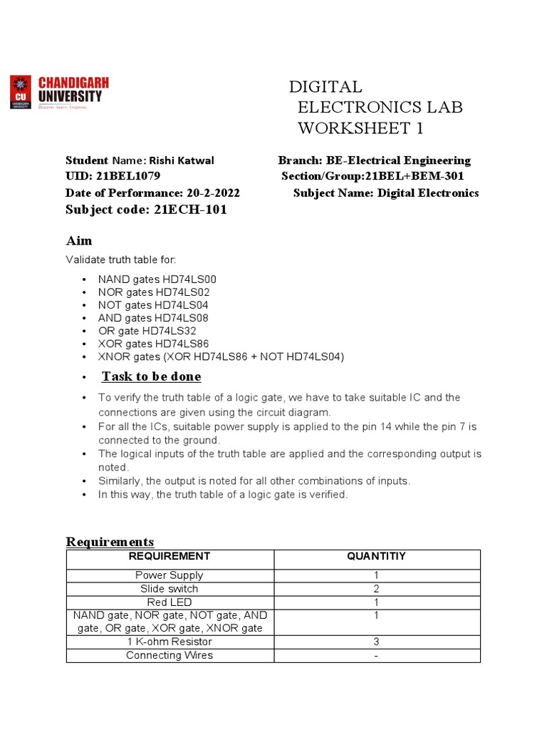 Digital Electronics Lab Worksheet 1: Subject Code: 21ECH-101 Aim | PDF ...