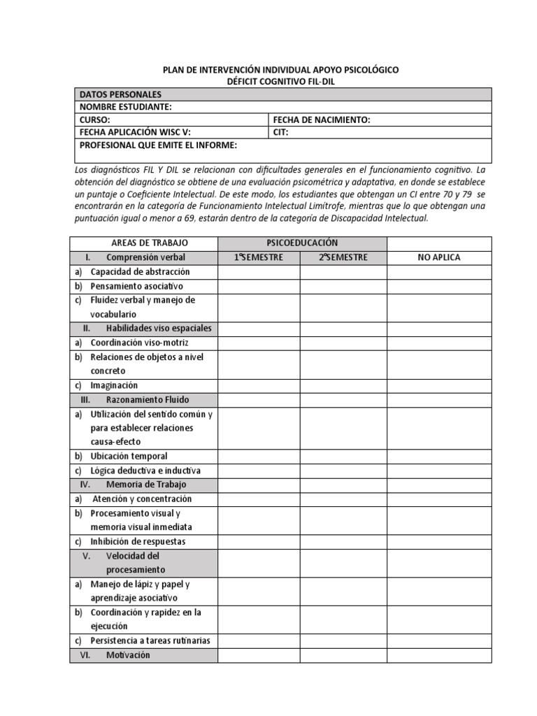 Plan de Intervención Individual Apoyos Multidisciplinarios Fil - Dil | PDF