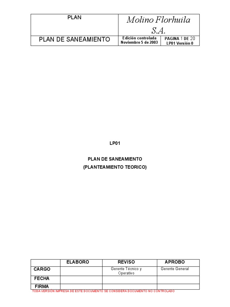 Plan de Saneamiento Molino Florhuila | PDF | Alimentos | Residuos