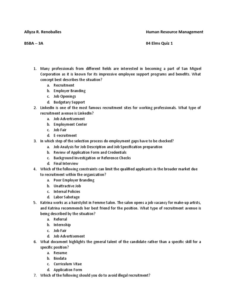 Allyza R. Renoballes Human Resource Management Bsba - 3A 04 Elms Quiz 1 ...