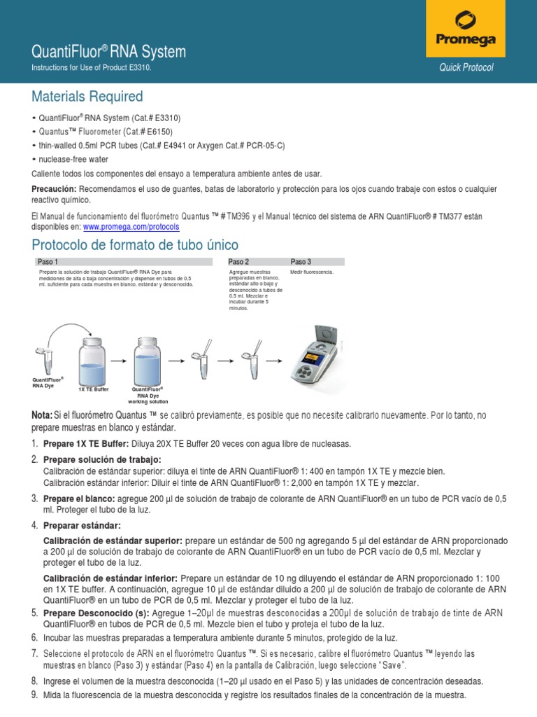 QuantiFluor RNA System Quick Protocol FB199 Traducido | PDF | Concentración | Reacción en cadena ...