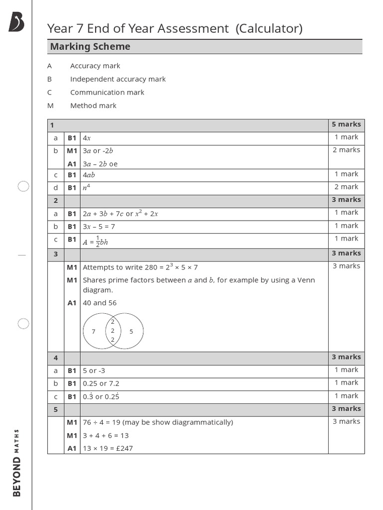 Y7 End of Year Mark Scheme - Calculator | PDF | Mathematics