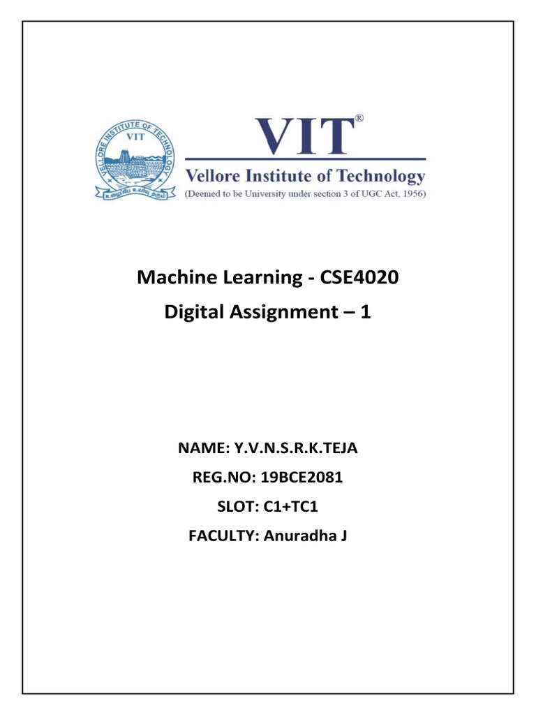 Machine Learning Cse4020 Digital Assignment 1 Pdf Deep Learning Artificial Neural Network