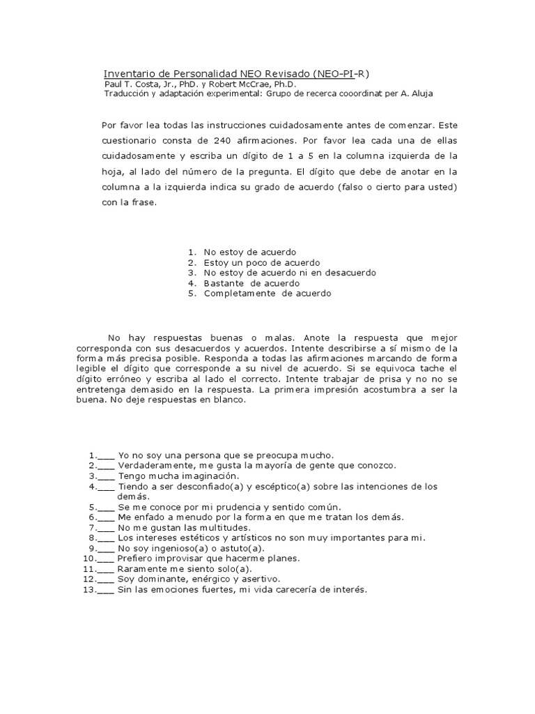 Cuadernillo Inventario (NEO-PI-R) (Form. Alt. E) | PDF | Sicología ...