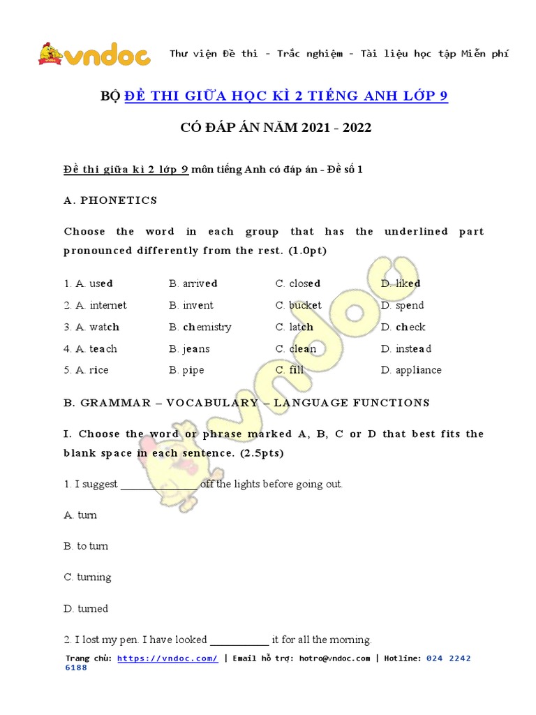 Bo de Thi Giua Hoc Ky 2 Mon Tieng Anh Lop 9 Co Dap An | PDF | Canal | Sushi