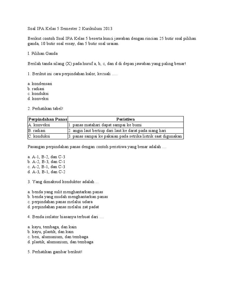 Soal IPA Kelas 5 Semester 2 Kurikulum 2013 | PDF