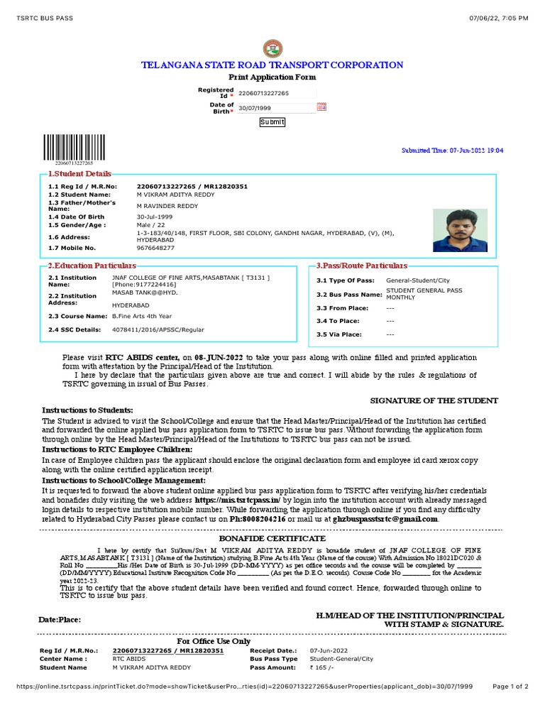 Application for a TSRTC Monthly Student Bus Pass | PDF