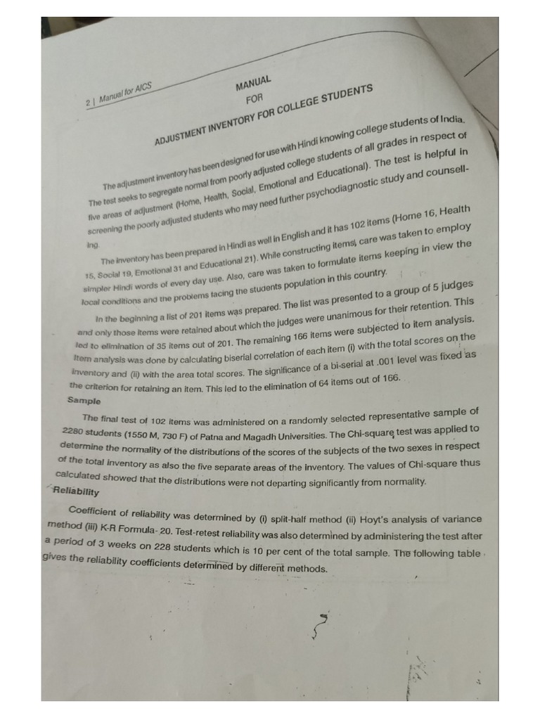 Adjustment Inventory For College Students AICS Manual | PDF