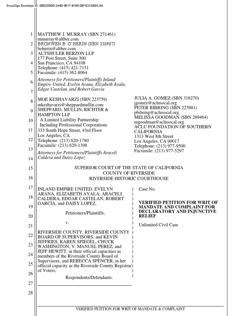 Redistricting Lawsuit Against Riverside County Pdf Voting Rights