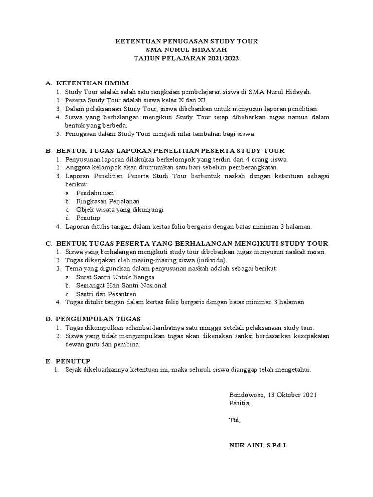 Pedoman Tugas Study Tour SMA Nurul Hidayah 2021 | PDF | Karier ...