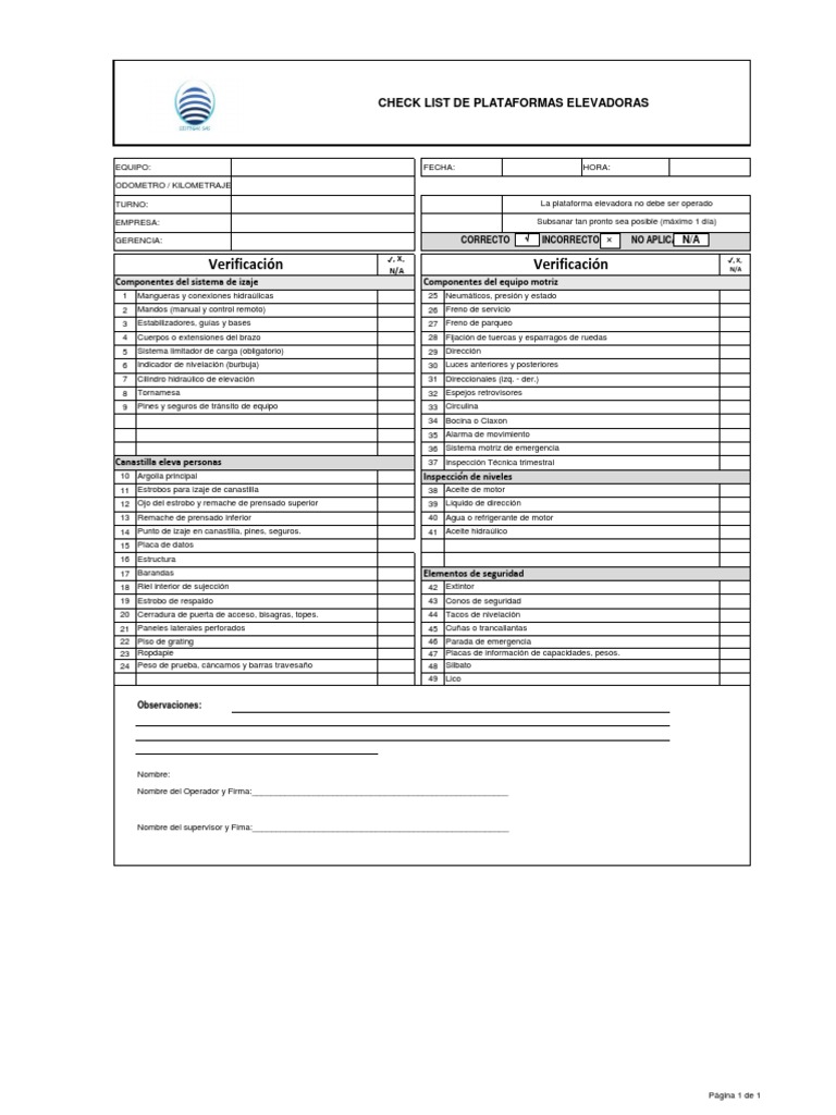 Check List de Plataformas Elevadoras | PDF | Vehículos