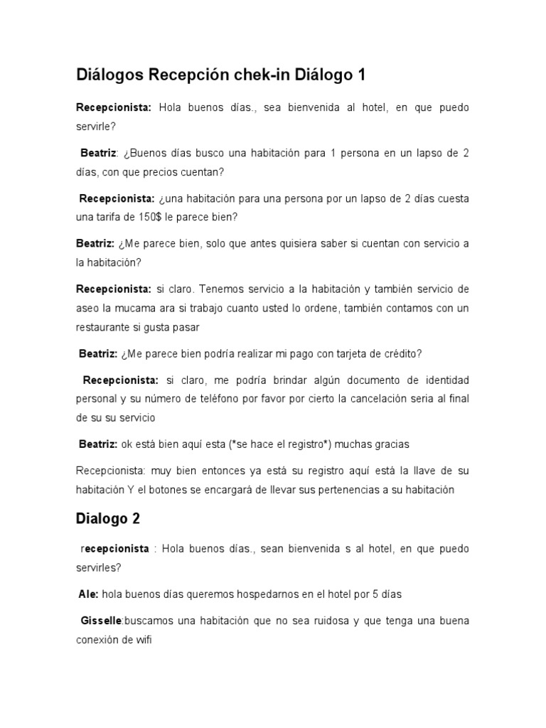 Diálogos Recepción Chek-In Diálogo 1: Dialogo 2 | PDF | Camareros | Hotel
