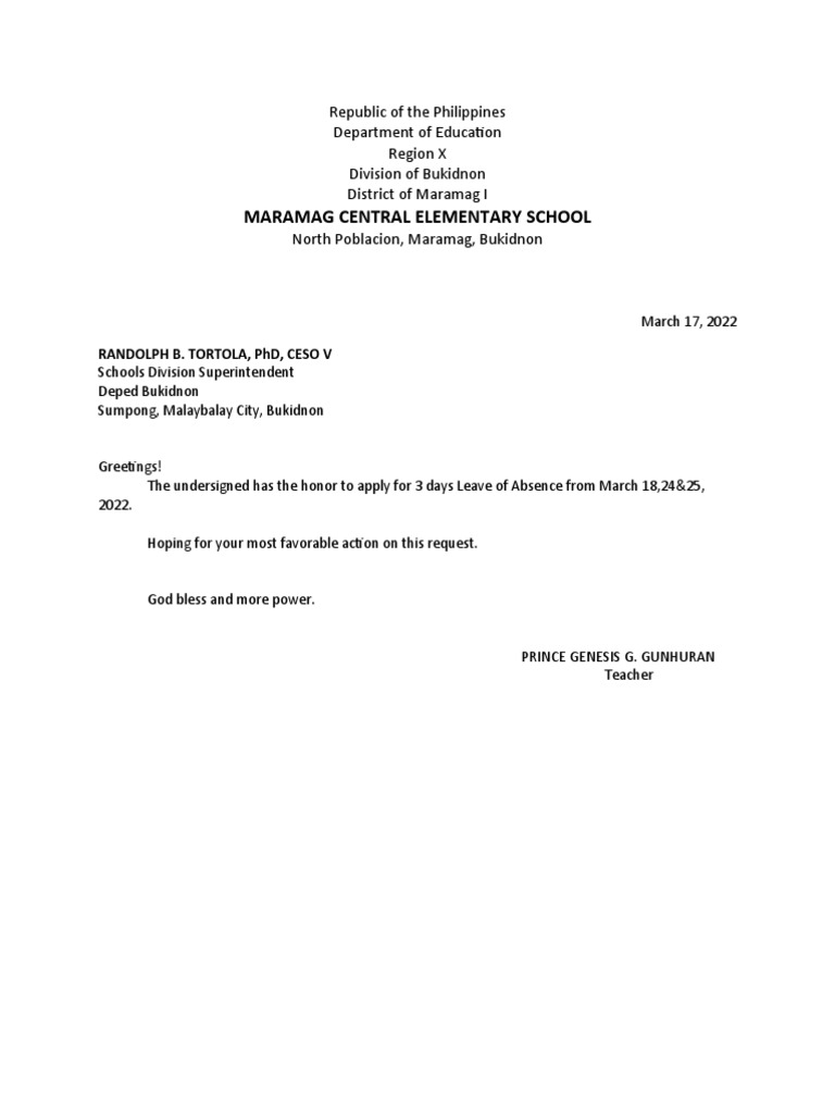 Intent Letter For Leave | PDF