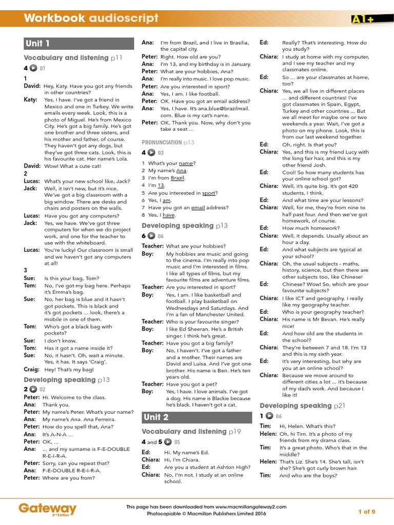 Gateway A1+ Workbook Audioscript | PDF | Classroom | Lunch