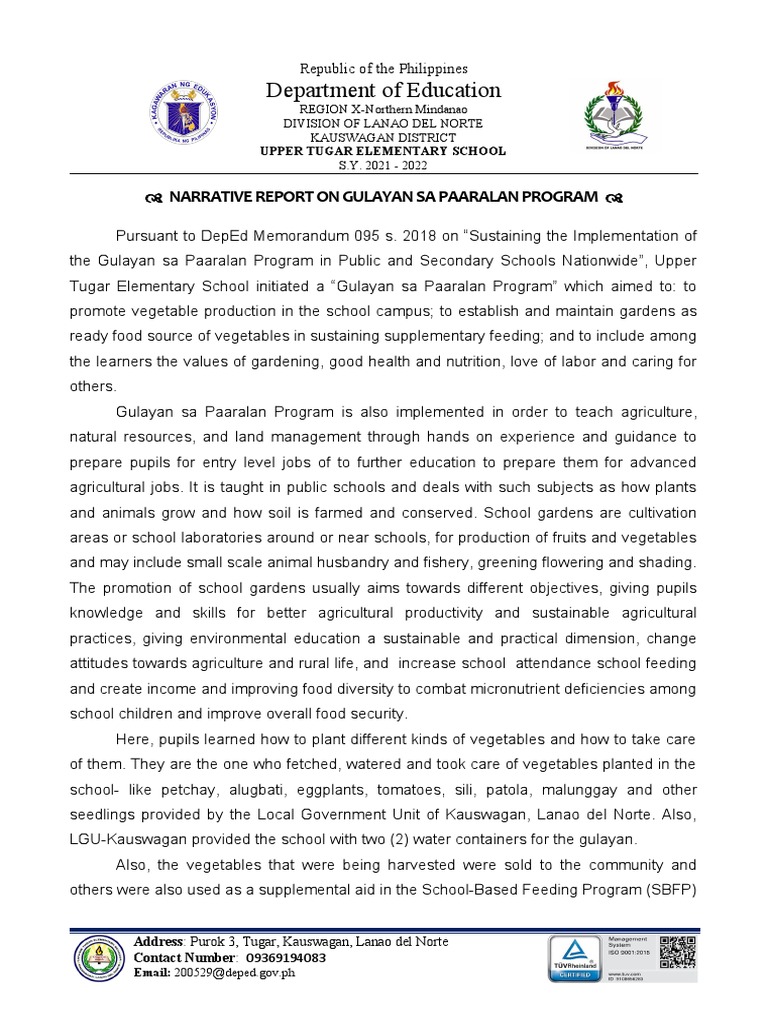 Gulayan Sa Paaralan Narrative Report | PDF | Agriculture | Foods
