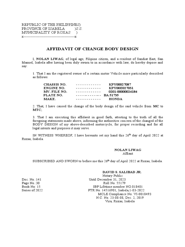 Affidavit of Change Body Design | PDF