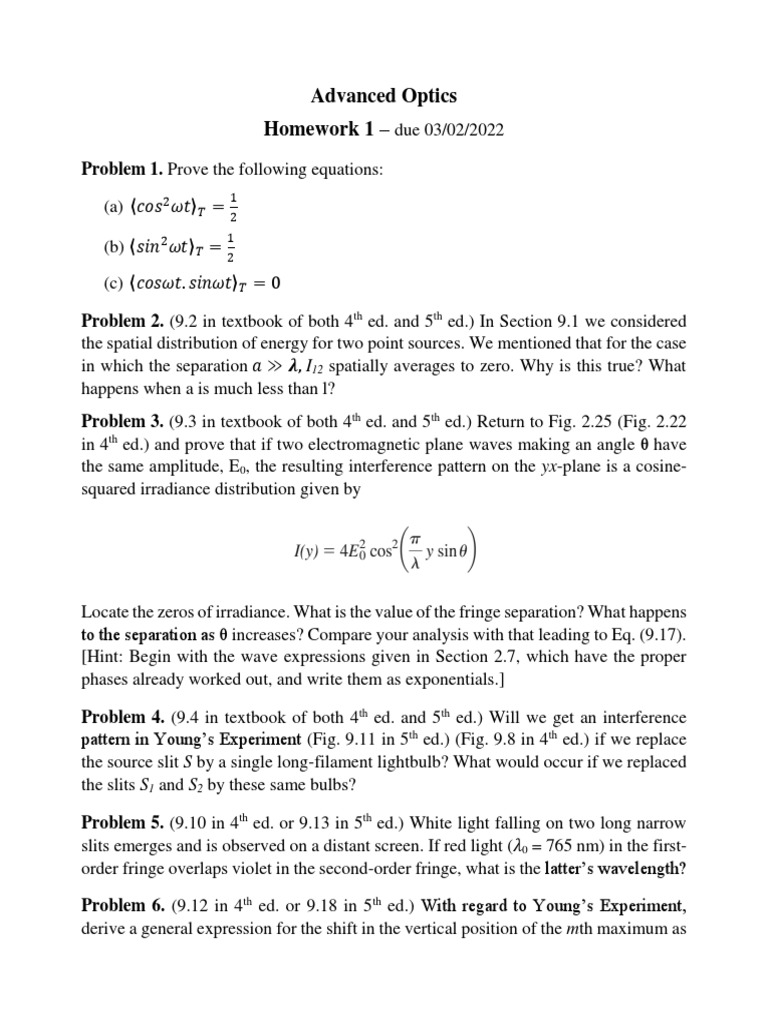 Advanced Optics Homework 1 - : Problem 1. Prove The Following Equations ...
