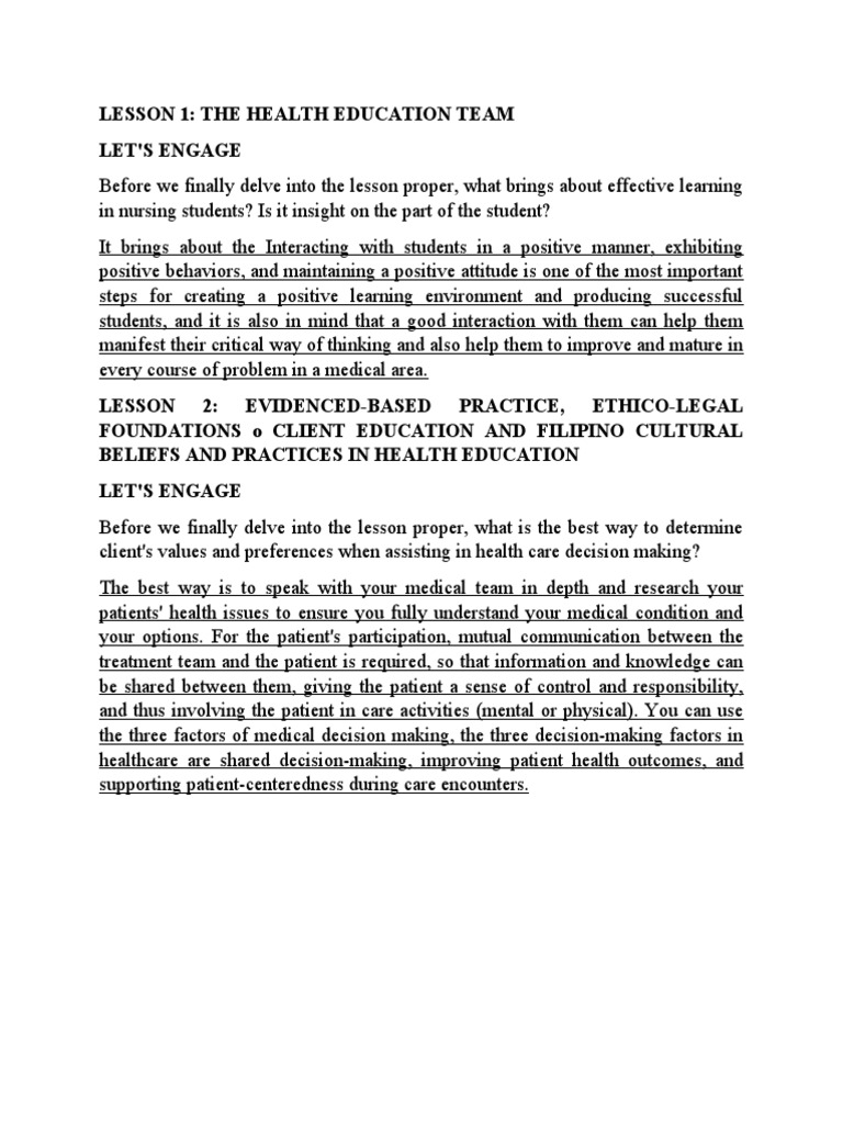 Lesson 1: The Health Education Team Let'S Engage | PDF | Learning ...