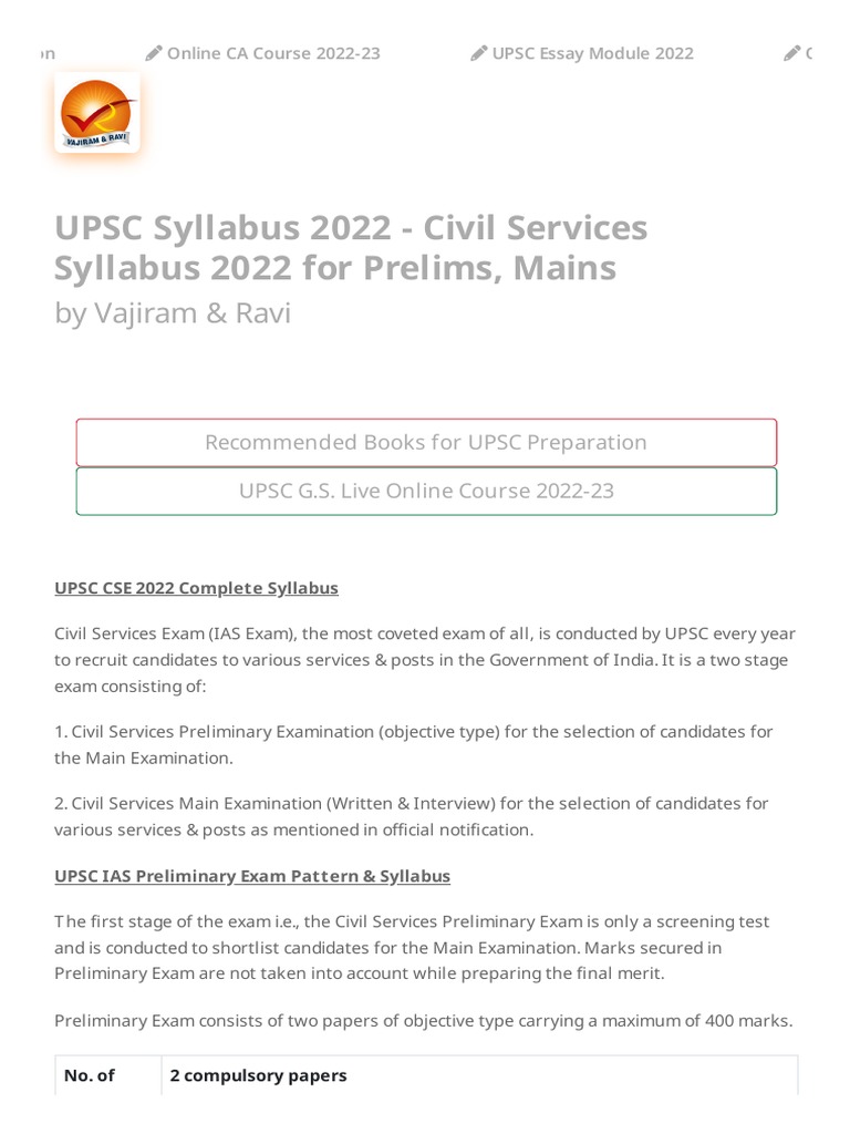 UPSC CSE 2022 Complete Syllabus Overview | PDF | Test (Assessment)